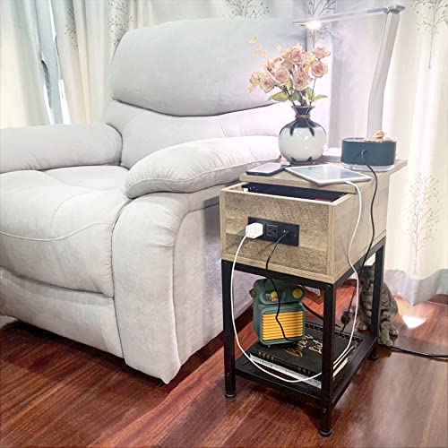 Nightstand with Charging Station USB Outlet, Narrow End Table with Storage Open Shelf, Couch Side Table Slide Top, Wood & Metal Modern Nightstand with Drawer for Bedroom Living Room Dorm, Light Brown