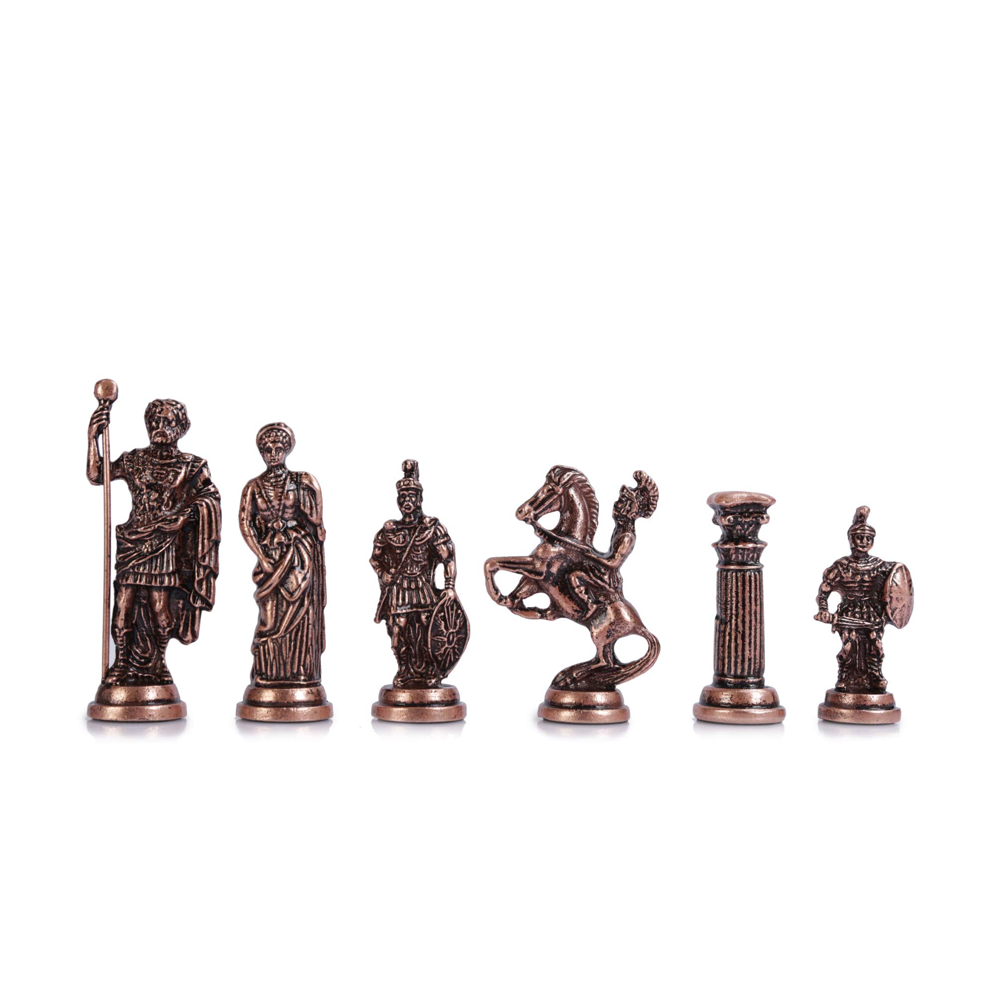 Metal Chess Set for Adult Historical Antique Copper Rome Figures Handmade Pieces and Natural Solid Wooden Chess Board with Original Pearl Around Board and Storage Inside King 4 inc