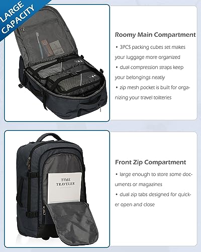 Hynes Eagle 2 in 1 Travel Backpack 22 inches Carry on Luggage 63L Rolling Backpack for Men Women with Packing Cubes 3PCS Set