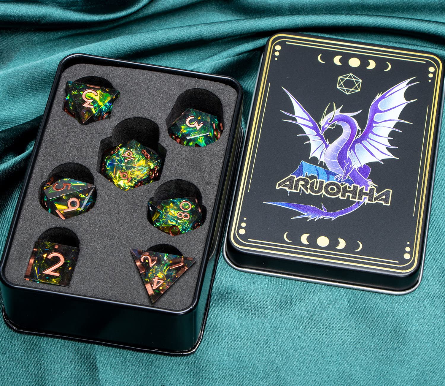 Resin DND Dice Set 7Pcs Sharp Edge Dice ARUOHHA D&D Dice Set for Dungeons and Dragons RPG Board Games Polyhedral Dice D + D Role Playing Dice with Gift Box Handmade D and D Dice D20 D12 D10 D8 D6 D4