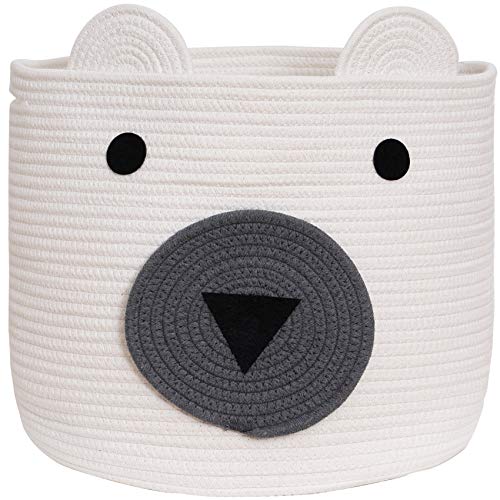 VK Living Cotton Rope Bear Animal Basket Foldable Large Woven Storage Basket Baby Nursery Cute Laundry Hamper for Toys,Blanket, Towels Clothes in Bedroom Living Room White
