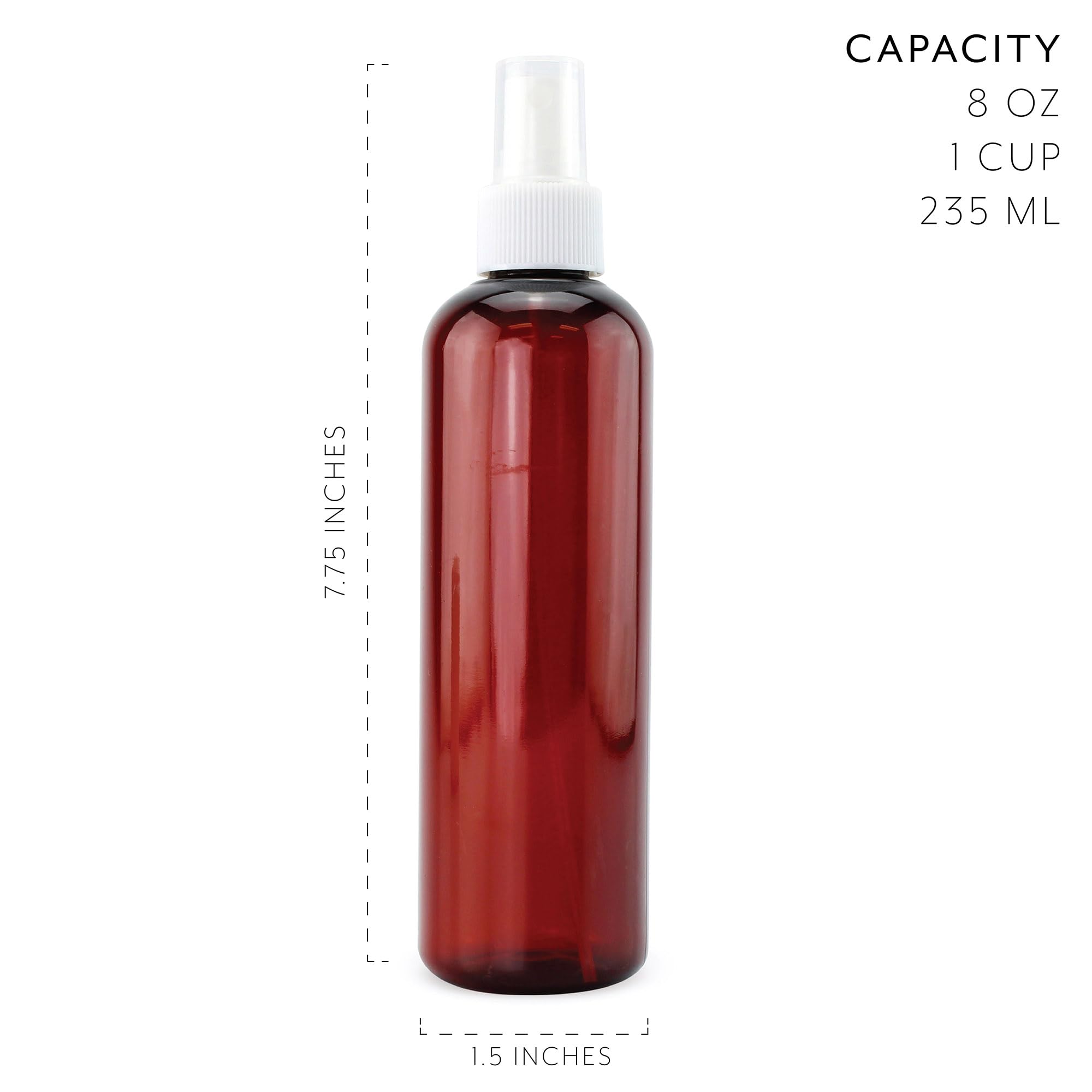 Cornucopia 8oz Amber Brown PLASTIC Spray Bottles with White Fine Mist Atomizers (6-Pack); Brown Plastic Spritzer Bottles