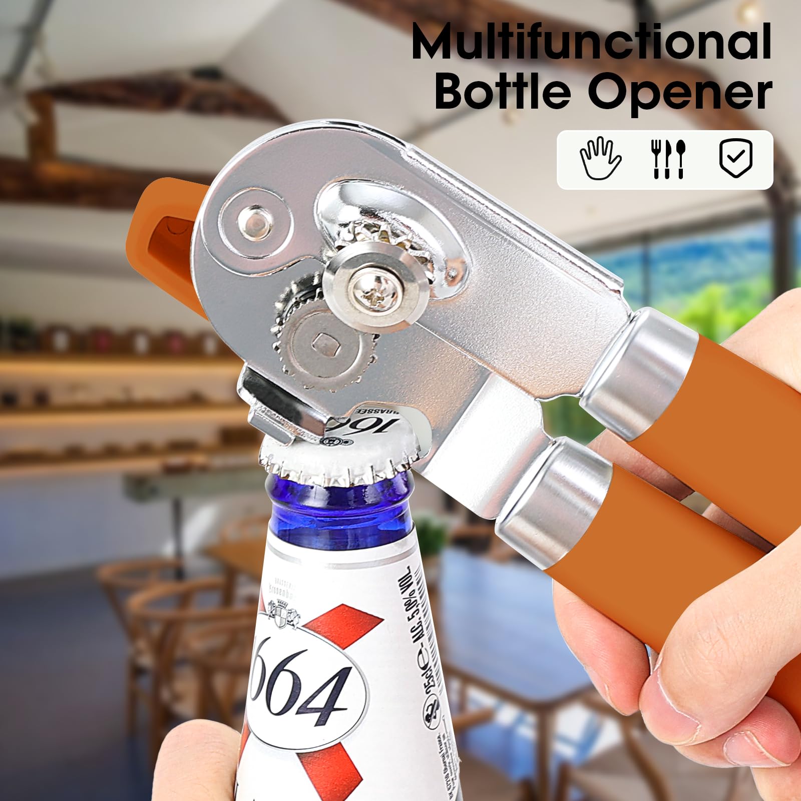 Can Opener Manual, Can Opener with Magnet, Hand Can Opener with Sharp Blade Smooth Edge, Handheld Can Openers with Big Effort-Saving Knob, Can Opener with Multifunctional Bottles Opener, Orange