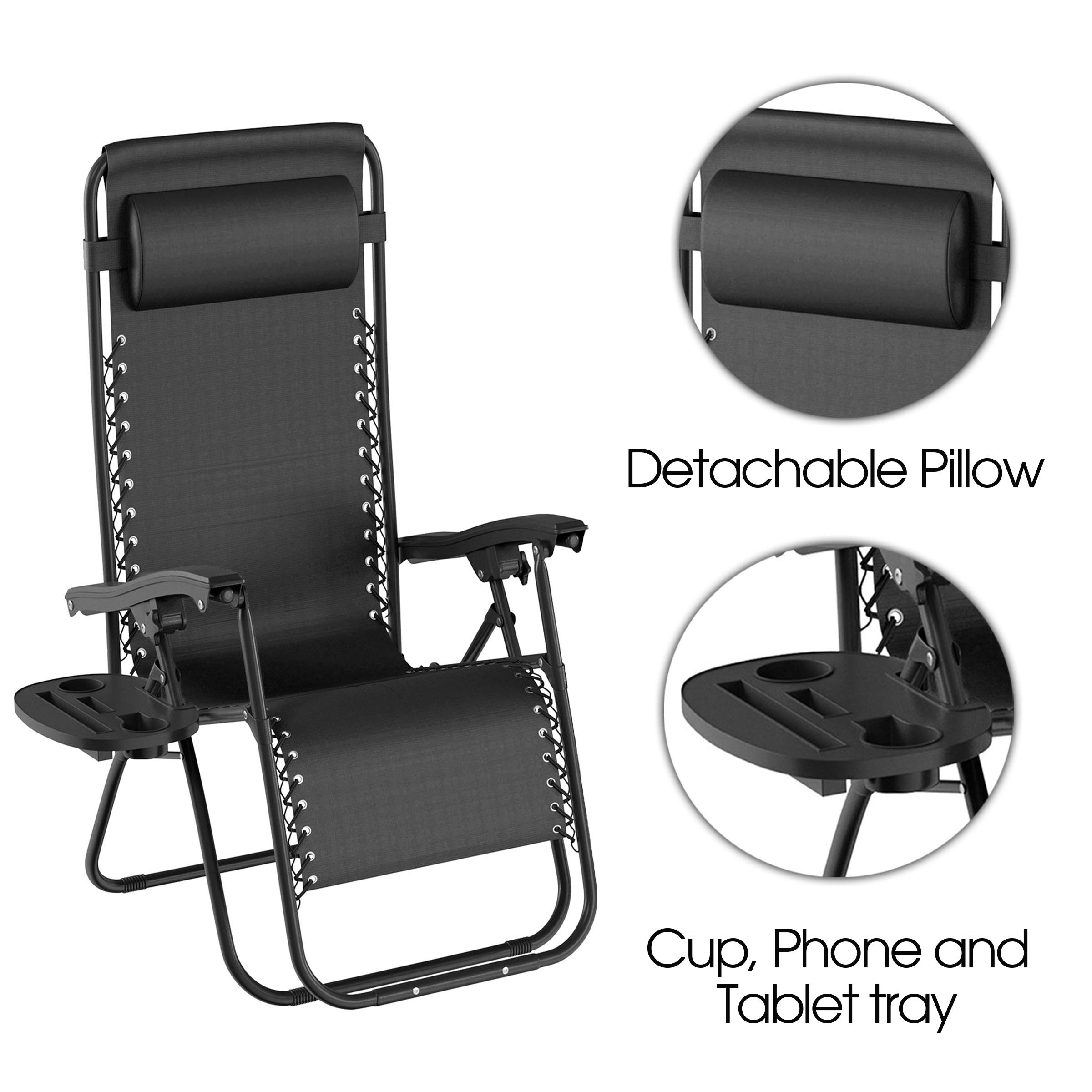 Lavish Home Set of 2 Zero-Gravity Chairs - Folding Patio Furniture - Outdoor Recliners with Side Table, Cup/Phone Holder, and Chair Pillow (Black)