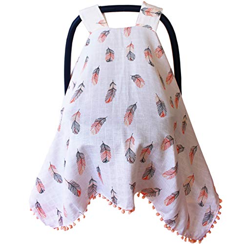 Car Seat Covers for Babies, Car Seat Canopy, Unisex Large Lightweight Breathable Cotton Muslin Canopy, Suitable for Four Seasons (Little Feathers)