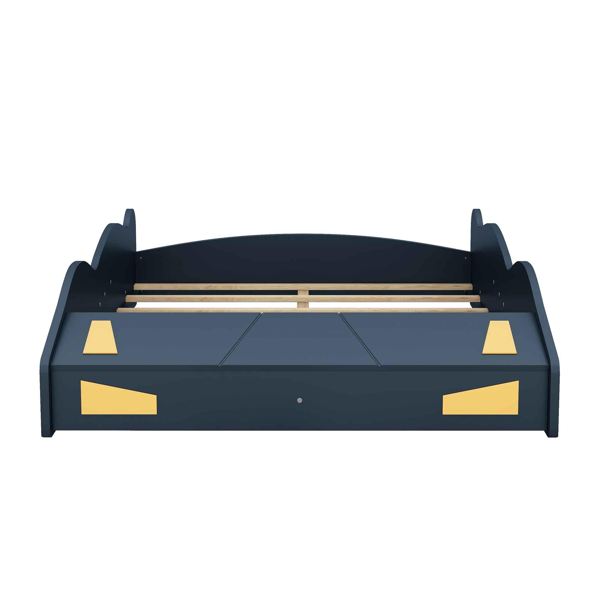 ATY Full Size Platform Bed with Storage, Race Car-Shaped Bedframe w/Wheels Design, Funny for Kids, Toddlers, 90.6" L x 55.3" W x 15.7" H, No Spring Needed, Dark blue