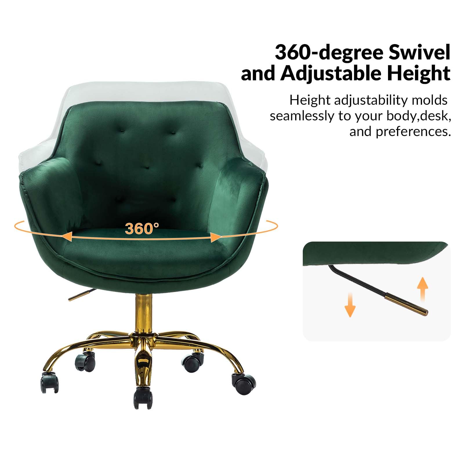 HULALA HOME Velvet Office Chair with Gold Base, Modern Cute Mid-Back Desk Chair, Adjustable Swivel Computer Task Chair for Living Room, Bedroom, Study, Vanity, Green