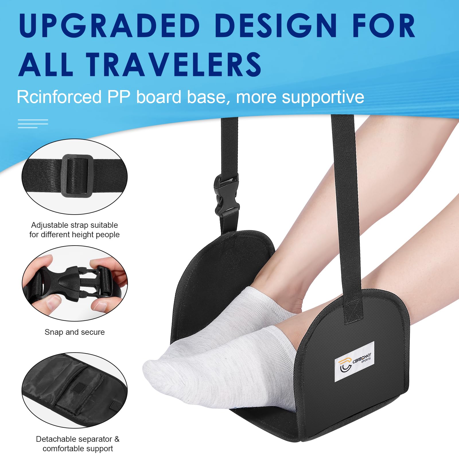 CERBONNY Airplane Foot Rest - Portable and Adjustable Foot Hammock,Airplane Travel Flight Essential for Relaxing Your Feet During Airplane Journeys - Office Footrests (Black)