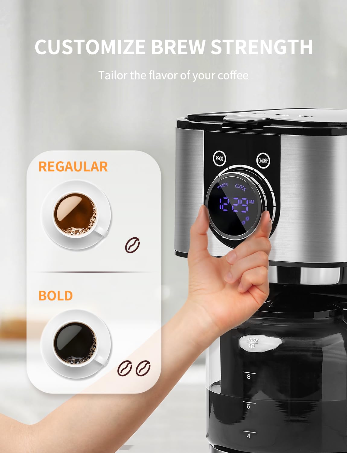 Homtone 10 Cup Programmable Coffee Maker, Drip Coffee Maker with LCD Screen, Glass Carafe, Warming Plate, Auto Shut Off, Regular & Strong Brew for Home and Office, Stainless Steel