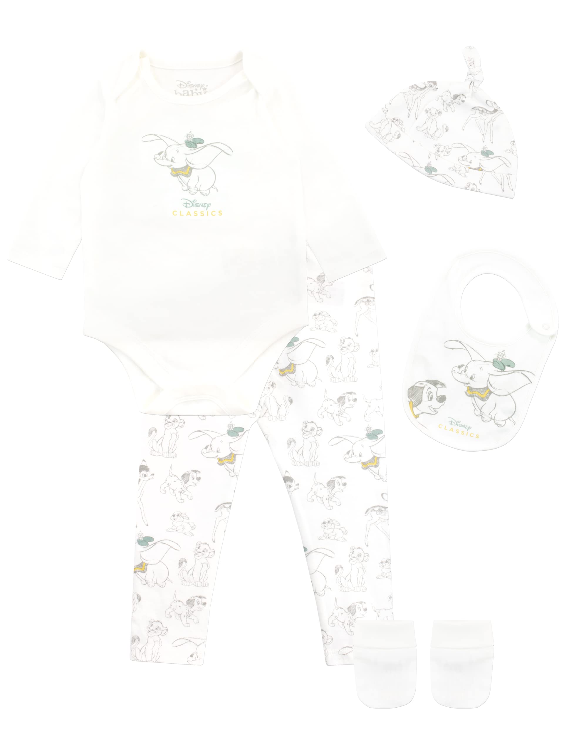 Disney Baby Boys or Girls Dumbo Bodysuit with Hat and Bib Outfit 5 Piece Set White 18 M