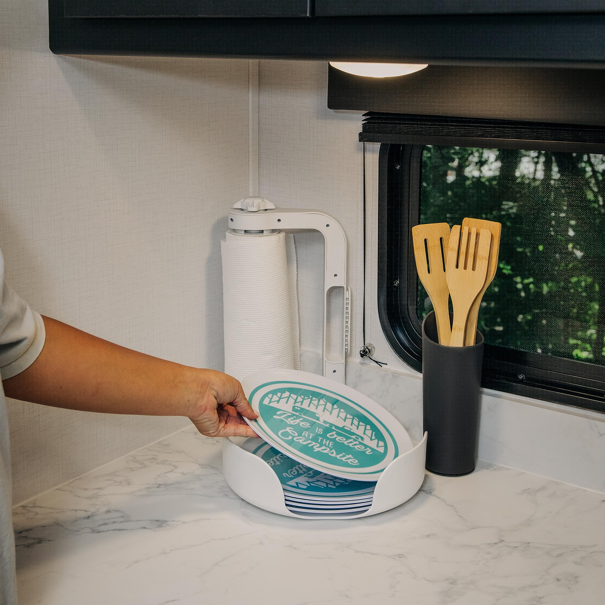 Camco Paper Towel Holder | Ideal for Compact Areas | Features Mountable Design and Adjustable Side Knob | White (57114)