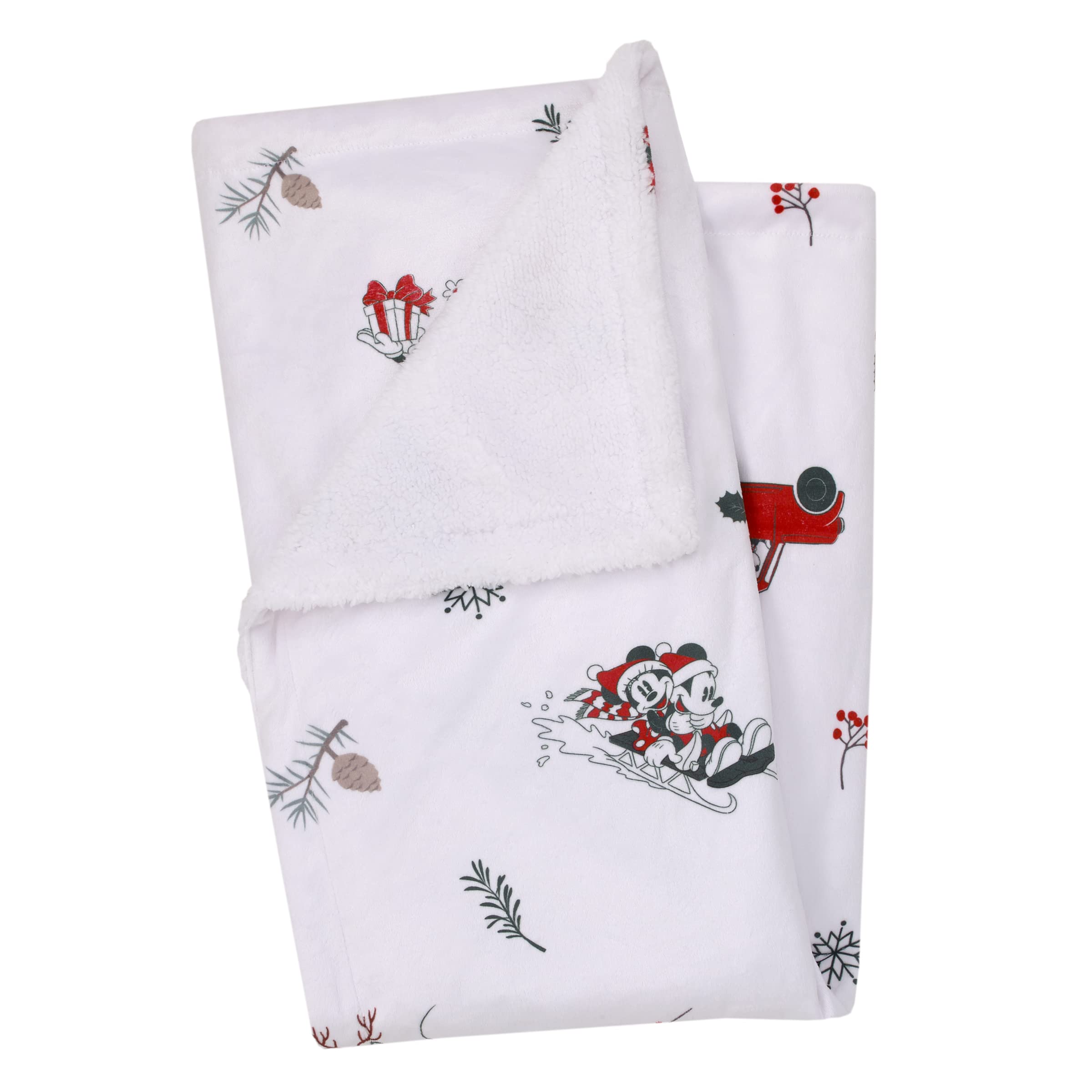 Disney Mickey and Minnie Mouse White, Red, and Green Ice Skating Sledding Christmas Holiday Super Soft Sherpa Baby Blanket