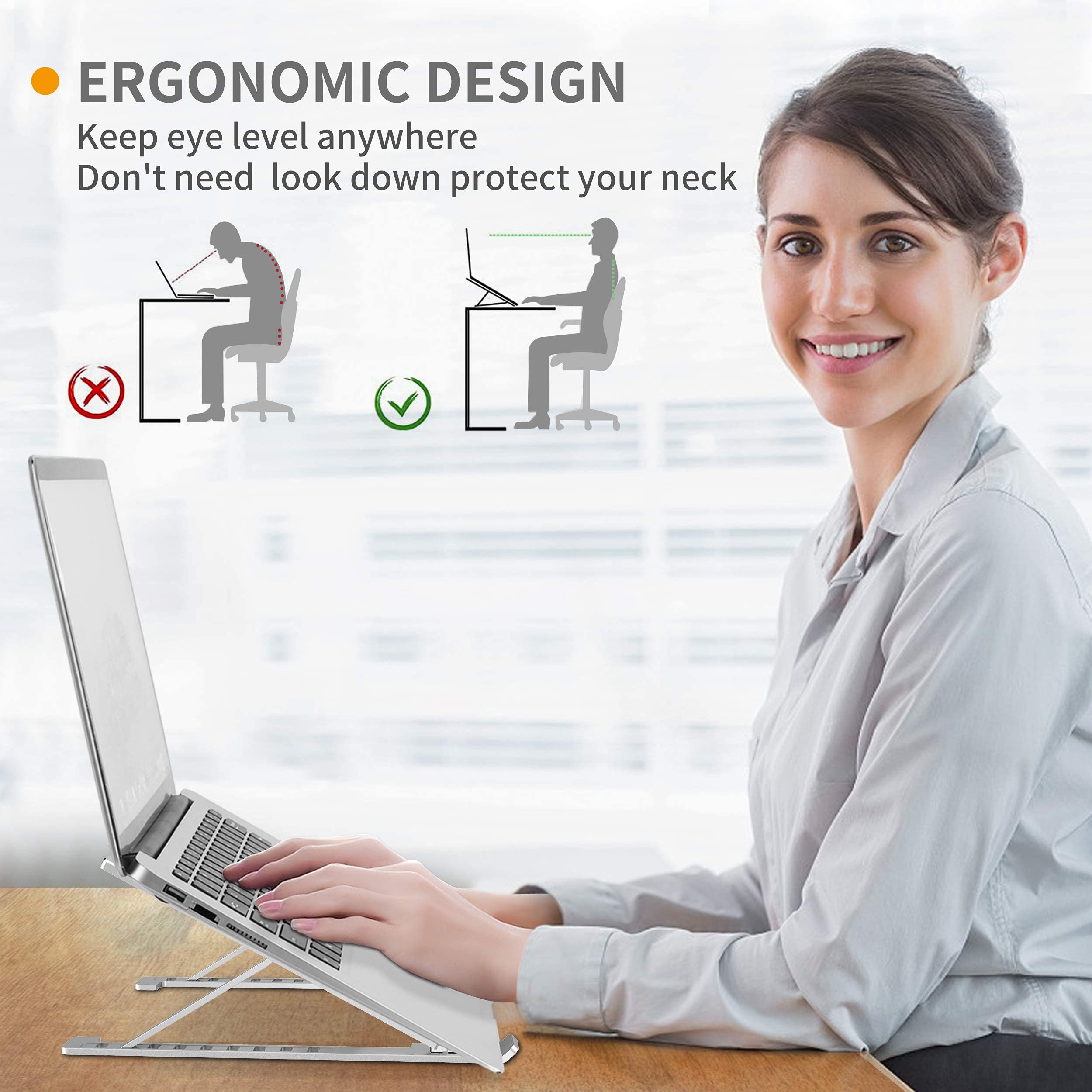 BY4U Laptop Stand for Desk, Portable Laptop Stand Adjustable Height, Foldable Laptop Holder, Non-Slip Aluminum MacBook Computer Stand 9 Angles Anti-Slip Laptop Riser Compatible with 7-17 inch Laptops
