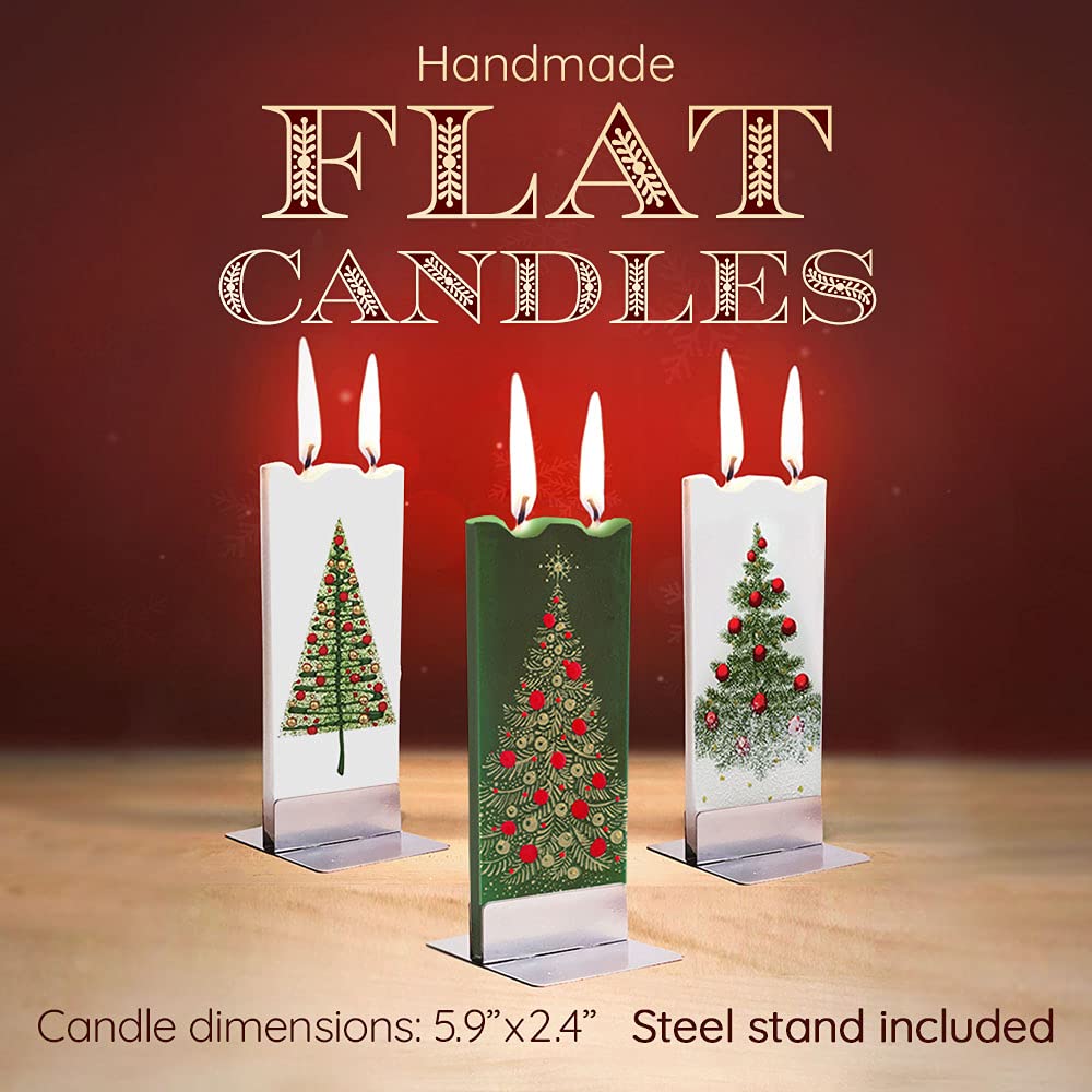 FLATYZ Handmade Christmas Candle - Green & White Tree | Unscented, Drip-Resistant & Smoke-Free 2 Wick Candle for Home & Room Decor | Hand Painted Flat Decorative Candles | Steel Stand Included