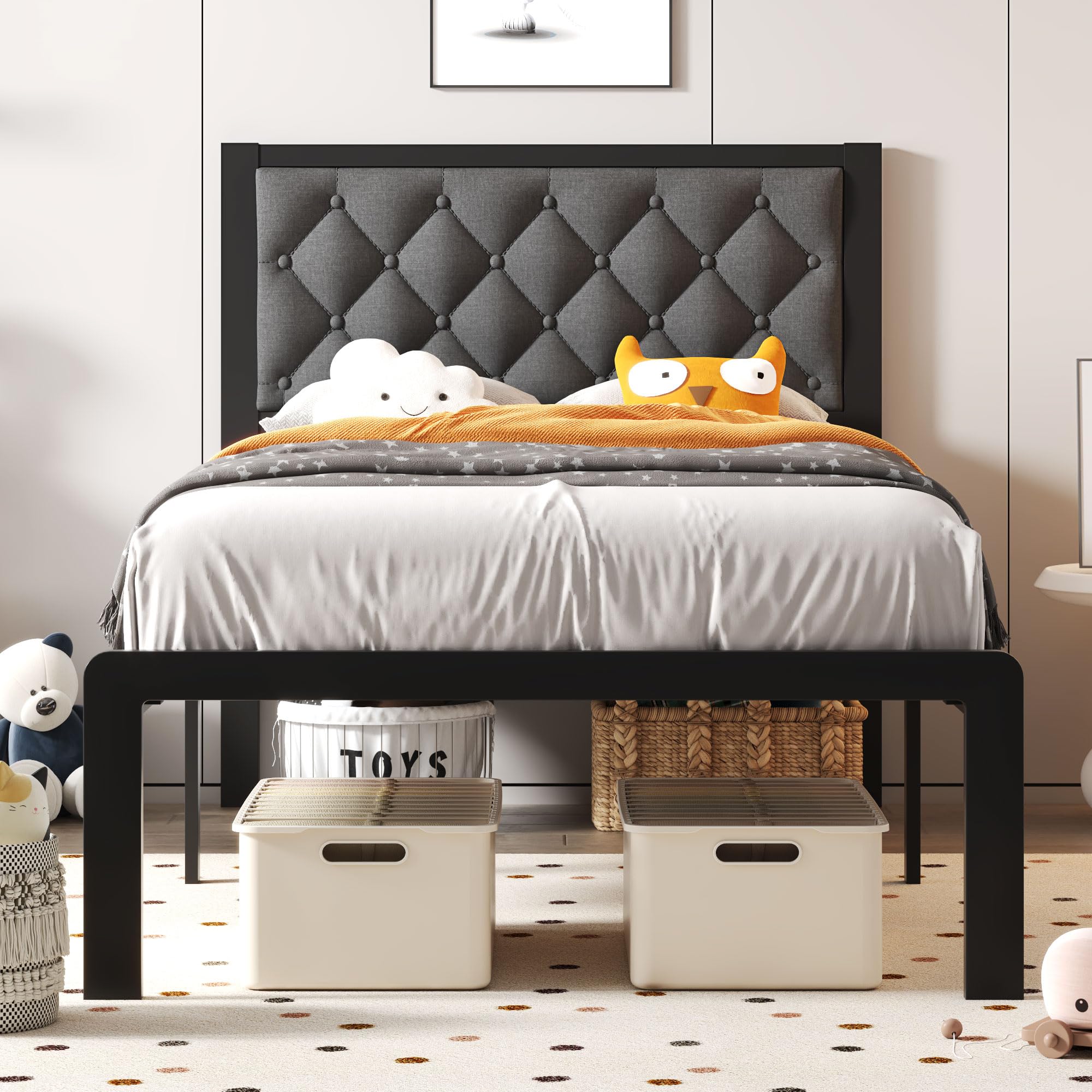 Fluest Full Bed Frame with Headboard PU Leather Upholstered Bed Frame Platform,All Metal Slats Support Platform Bed Frame with Storage Space,Easy Assembly,Noise Free,No Box Spring Needed,Grey
