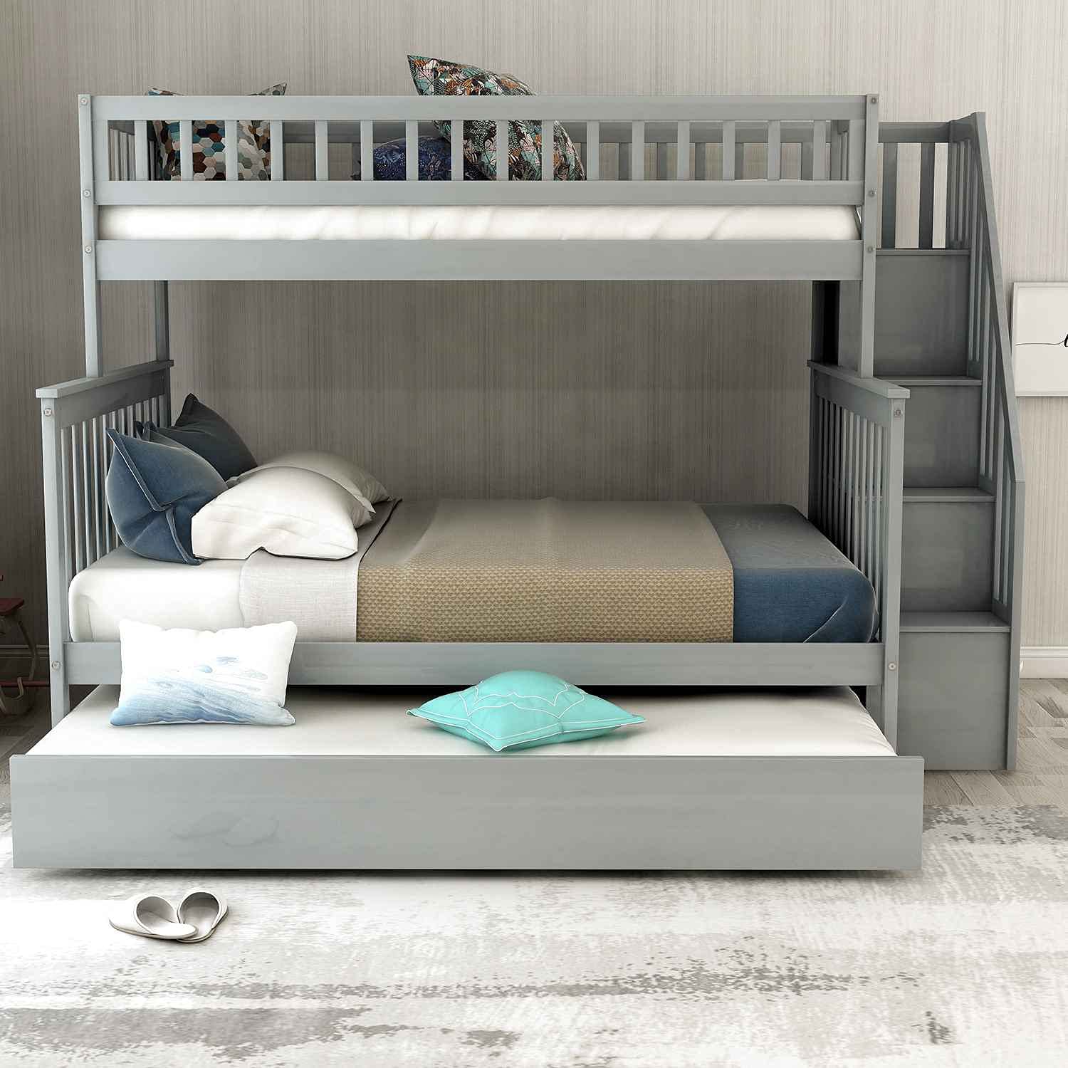 ATY Upgraded Full Bunk Bed with Trundle, Solid Wood Twin Over Size with Storage and Guard Rail, for Kids and Teenagers, Grey