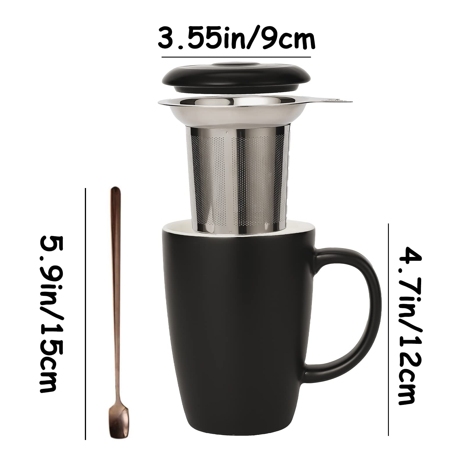 Candiicap Ceramics Tea Cup with Loose Leaf Infuser, Spoon and Lid, 13oz, Large Tea infuser Mug for Tea, Coffee, Milk-Microwave and Dishwasher Safe(13oz,Matte Green)