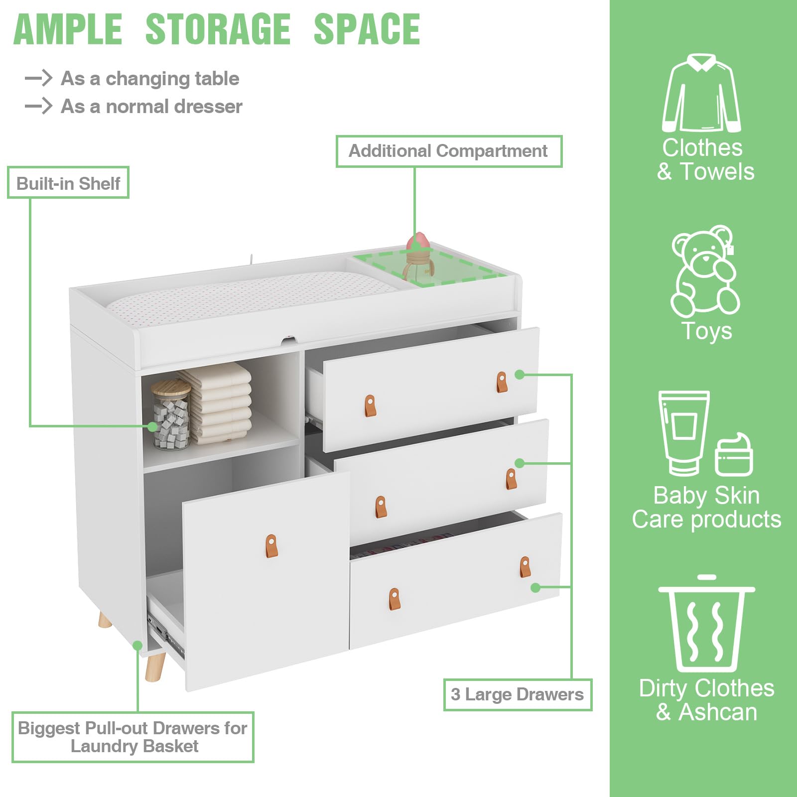 DAWNSPACES Baby Changing Table Dresser for Infants, Nursery Dresser Chest with Drawers, Storage Changing Station, White