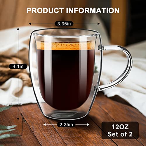 PARACITY Coffee Mugs Set of 2, Double Wall Coffee Mug 12 OZ, Glass Coffee Mugs with Handle, Insulated Coffee Mug for Cappuccino/Latte/Coffee, Borosilicate Glass Coffee Cups for Kitchen/Travel