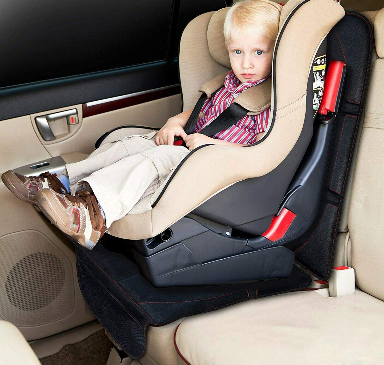 Car Seat Protector + Back Kick Mat Organizer, Black - Waterproof Seat Cover Padding Protector Upholstery Premium Durable Construction Convertible Seat Cover Pad with Backseat Organizer for Baby