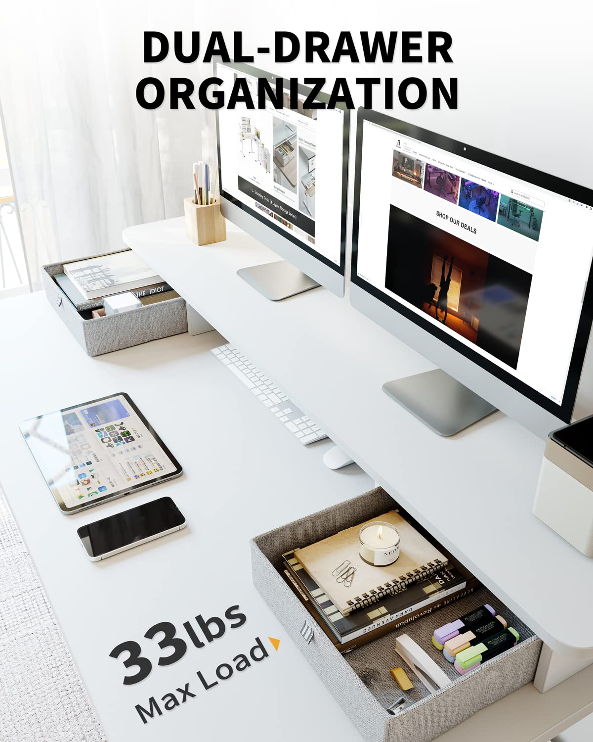 BANTI 55''x24''Standing Desk with Drawers, Adjustable Height Stand Up Desk with Storage Shelf, Sit Stand Home Office Desk with Splice Board, White Frame/Light Rustic Brown Top