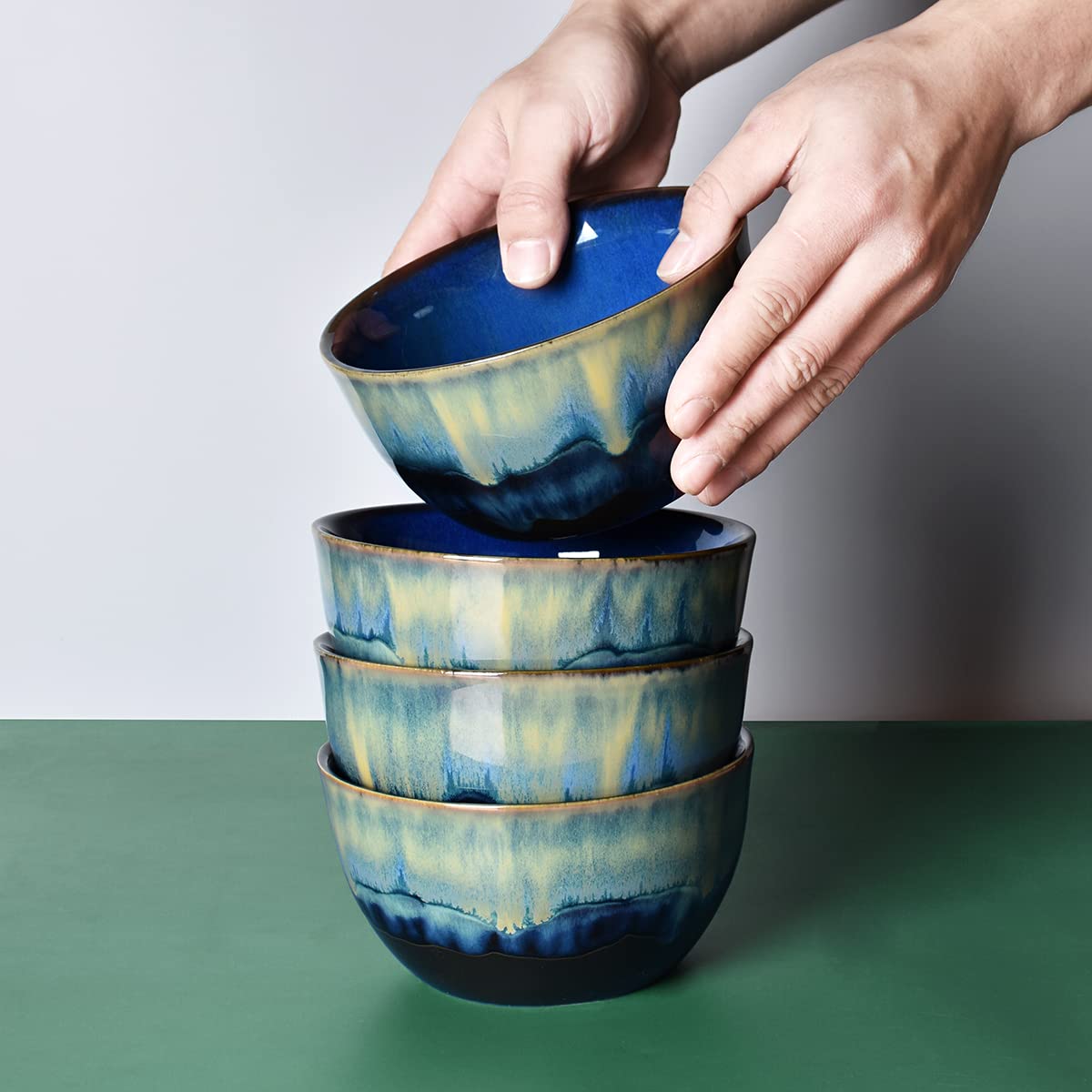 Bosmarlin Stoneware Cereal Bowls Set of 4, 26 Oz, Blue Soup Bowls for Oatmeal, Salad, Dishwasher and Microwave Safe, Reactive Glaze (26 Oz, Deep Blue)