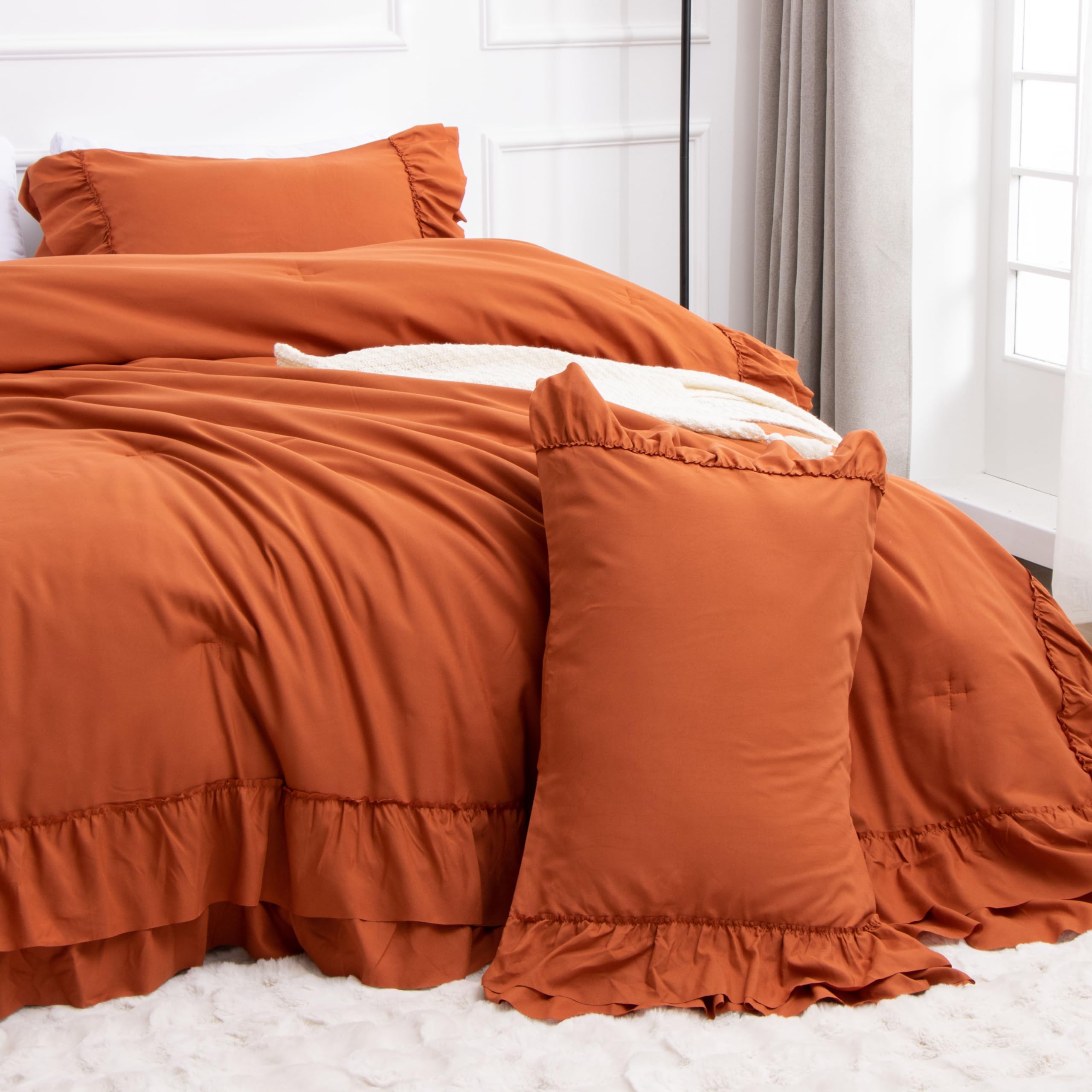 Btargot Terracotta Waterfall Double Layers Ruffle Comforter Set, 3 Piece Shabby Chic Bedding Set Queen Size for Girls WomenTeens