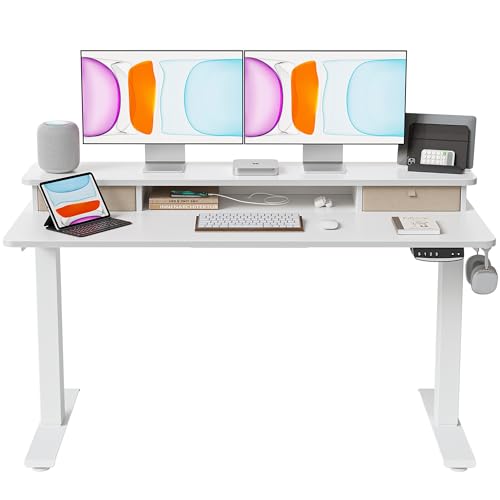 BANTI 55x24 Inch Electric Standing Desk with Double Drawers, Adjustable Height Stand Up Desk, Sit Stand Home Office Desk with Storage Shelf, White Top