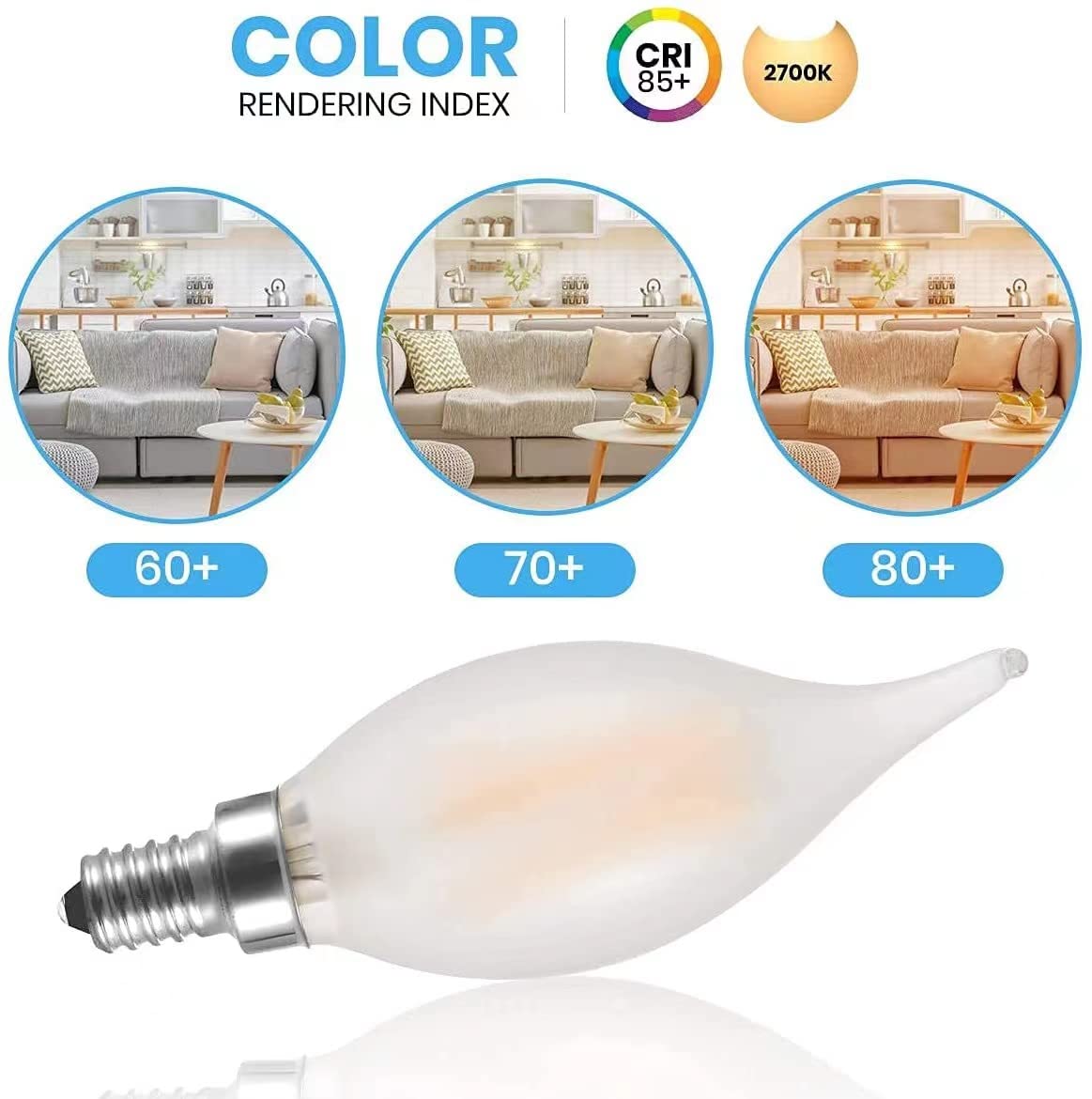 E12 LED Candelabra Bulb,4W Vintage Edison Style Light Bulbs, 40 Watt Equivalent,2700K Warm Soft White 400LM, Dimmable Candle Bulbs, C35 Frosted Glass Flame Shape Bent Tip(6pack)