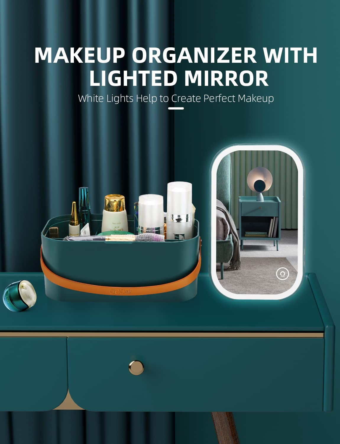 CielClair Makeup Case with Mirror and Light, Portable Makeup Organizer with Adjustable LED Lights & Mirror Lid, Cosmetic Organizer Storage with Handle for Bedroom Camping Travel, Dark Green