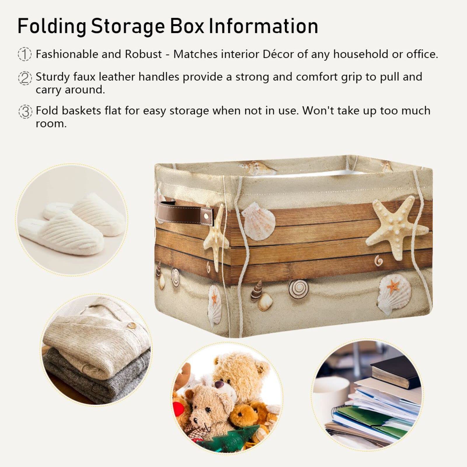 DEHOZO Storage Basket Bins, Wooden Seashells Starfish Beach Collapsible Storage Cubes Organizer with Handles, Closet Shelves Clothes Storage Box Toys Organizer for Bedroom Living Room, 2pcs