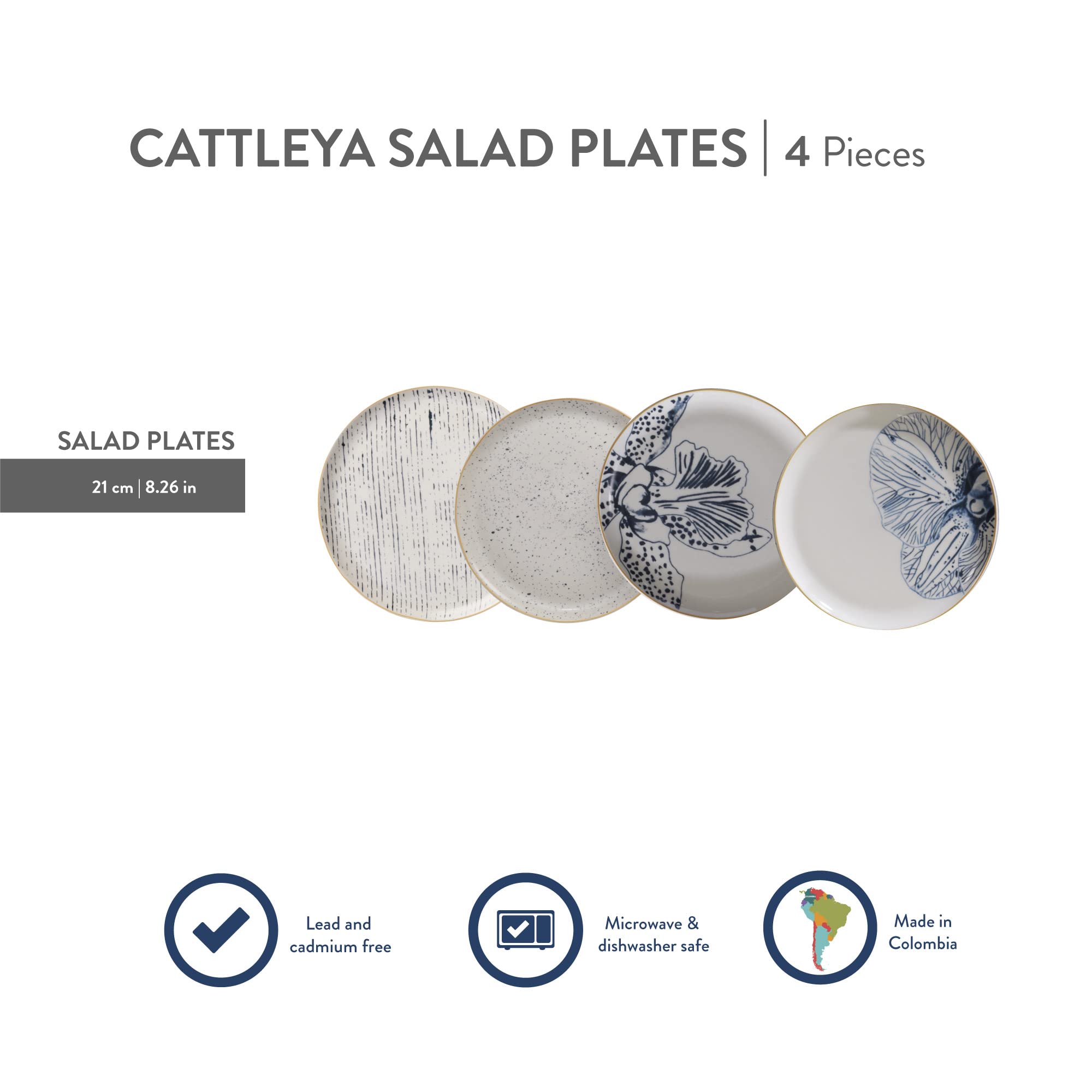 Corona 4 Salad plates Set |Cattleya 8.26 in - 21 cm | Service for 4 | Ceramic | Floral design | Set 4 platos ensalada |Cerámica