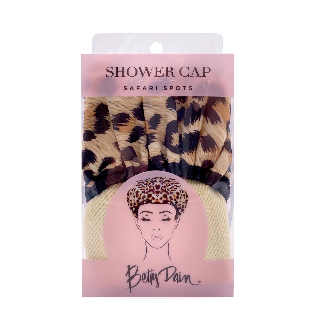 Reusable Nylon Shower Cap & Bath Cap, Reversible Oversized Waterproof Shower Caps Large Designed for all Hair Lengths w Terry Lining & Elastic Band Stretch Hem Hair Hat - Socialite Safari Spots