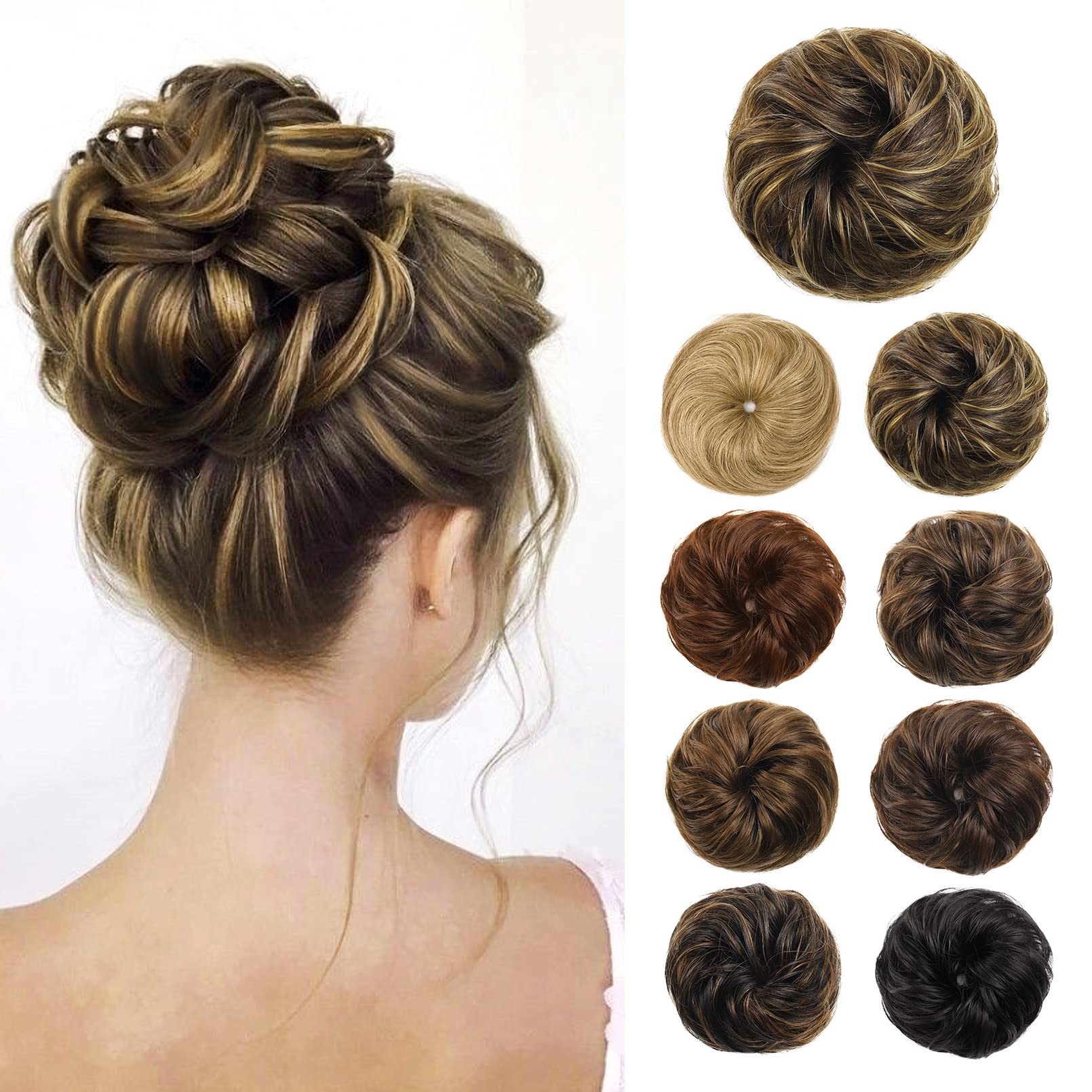 Flufymooz Messy Bun Hair Piece, 100% Real Human Hair Tousled Updo Extension Natural Curly Messy Bun with Elastic Band Hair Bun Hair Piece Ponytail Extensions for Women(Medium Brown with Highlights)