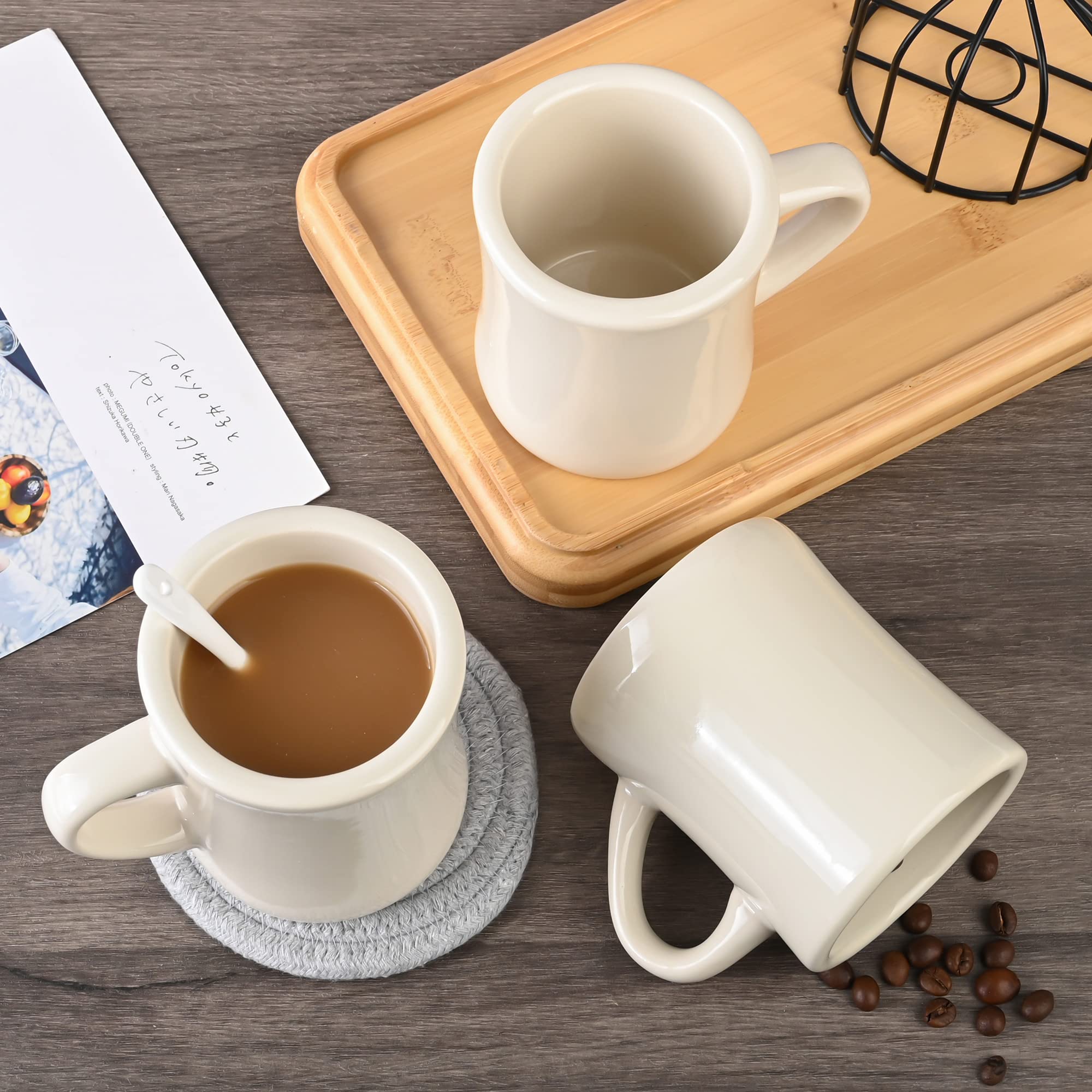BYCNZB 11oz Ceramic Diner Coffee Mug set Stoneware Coffee Cups Set for Restaurant, Diner, Farmhouse, Coffee Shop, Home set of 4 with Coffee spoons and Woven Coasters (Cream)