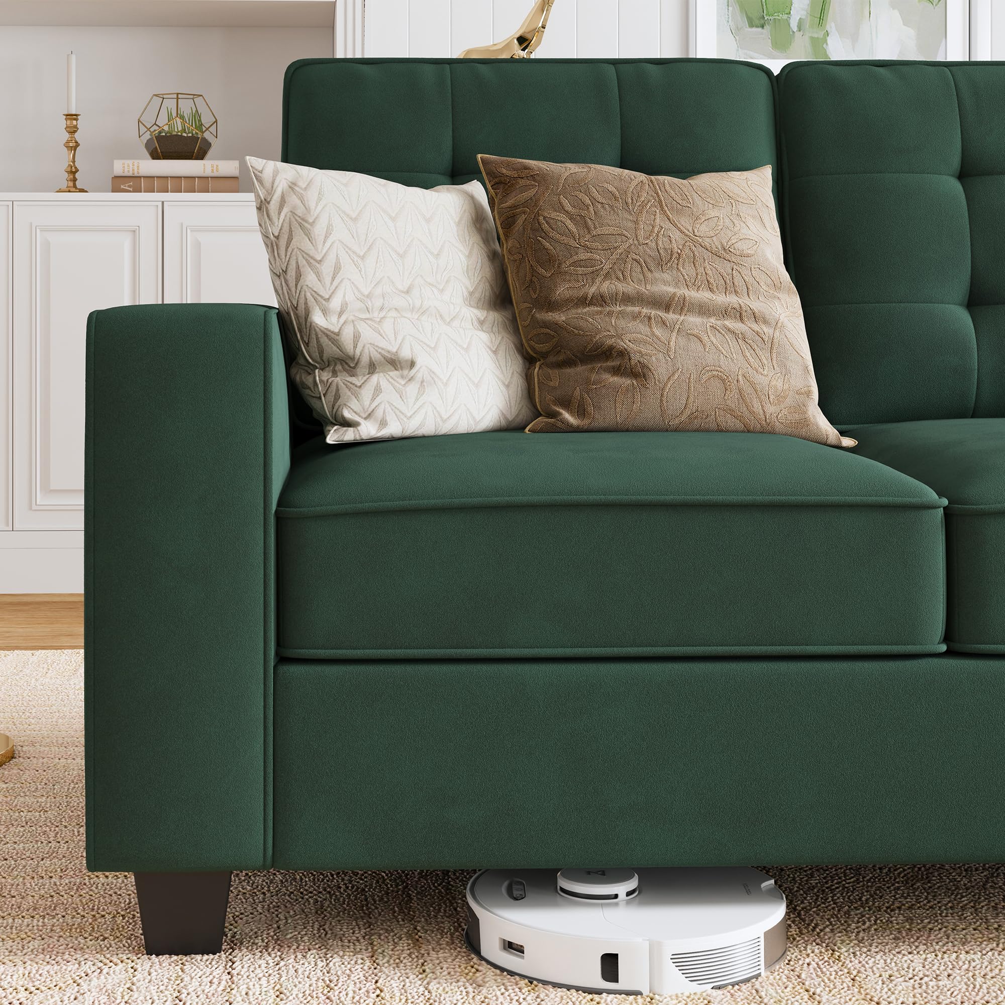 HONBAY L Shaped Sectional Couch Velvet 4-Seater Sectional Sofa with Reversible Chaise for Living Room, Green