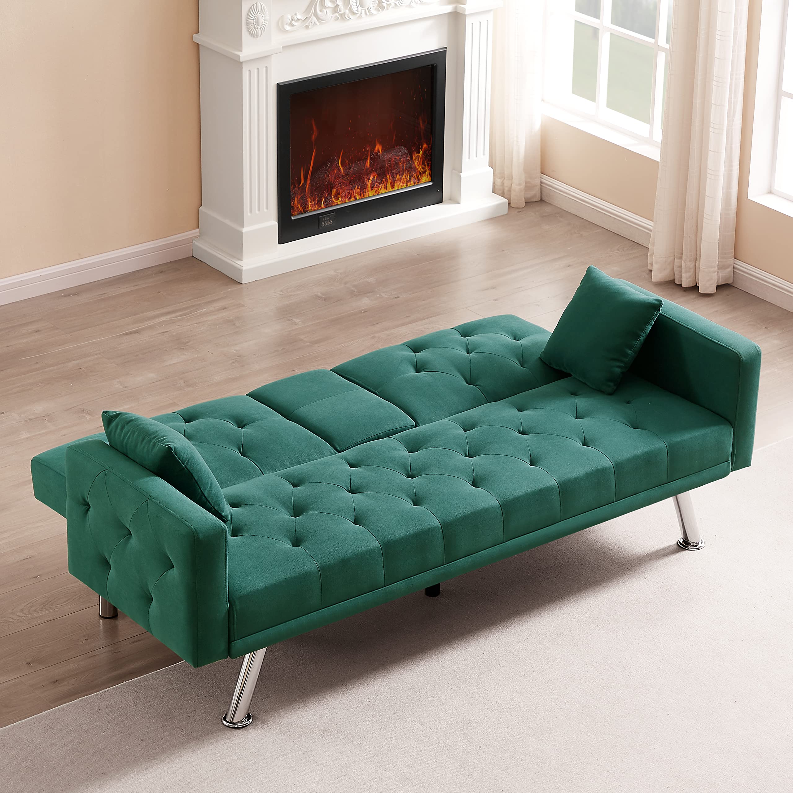 Eafurn Linen Fabric Futon Sofa Bed, Button Tufted Folding Recliner Sleeper Couch Reversible Loveseat Convertible Daybed with 2 Cup Holders,75.59" W Small Splitback Sofa & Couches for Living Room