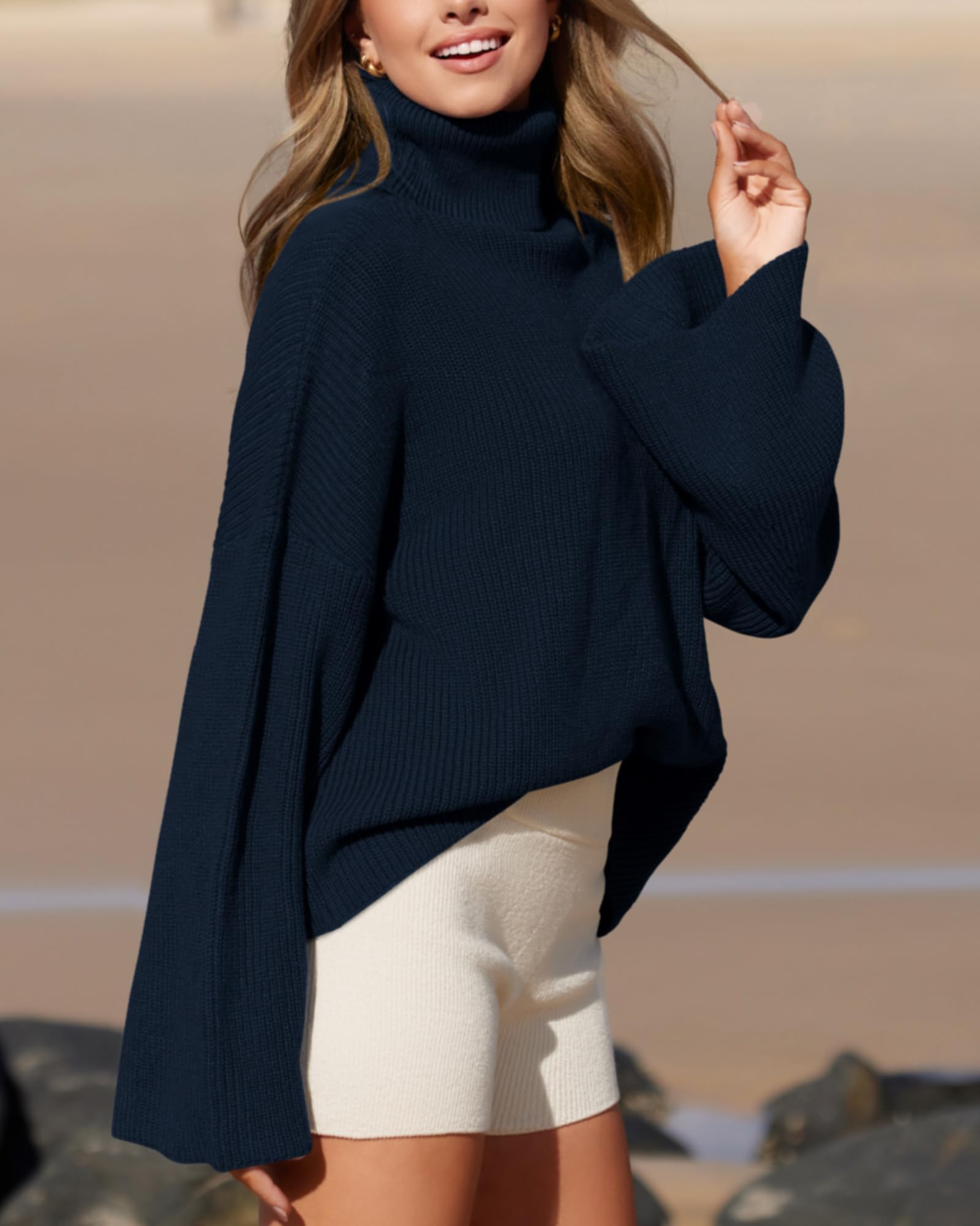 BTFBM Women's Turtleneck Pullover Sweaters 2024 Fall Winter Bell Long Sleeve Slouchy Oversized Ribbed Knit Jumper Tops(Solid Dark Blue, Small)