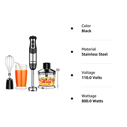 FUNAVO Hand Blender, 800W 5-in-1 Immersion Hand Blender, 12-Speed Multi-function Stick Blender with 500ml Chopping Bowl, Whisk, 600ml Mixing Beaker, Milk Frother Attachments, BPA-Free