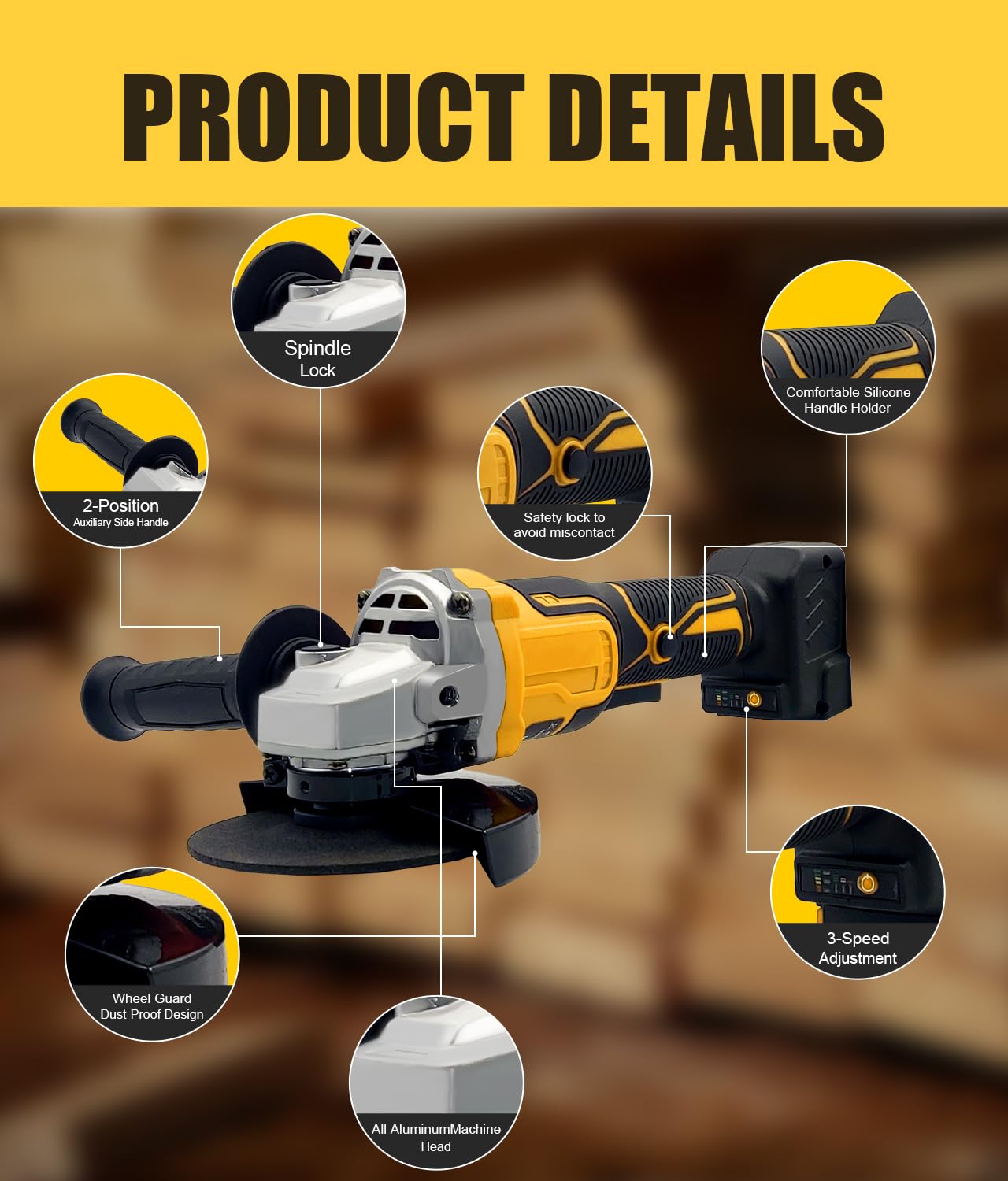 Cordless Angle Grinder for Dewalt 20V Battery, 11000 RPM Electric Brushless Motor, 3 Variable Speeds Grinders 4-1/2" Angle Grinder for Cutting, Griding, Polishing (Tool Only)