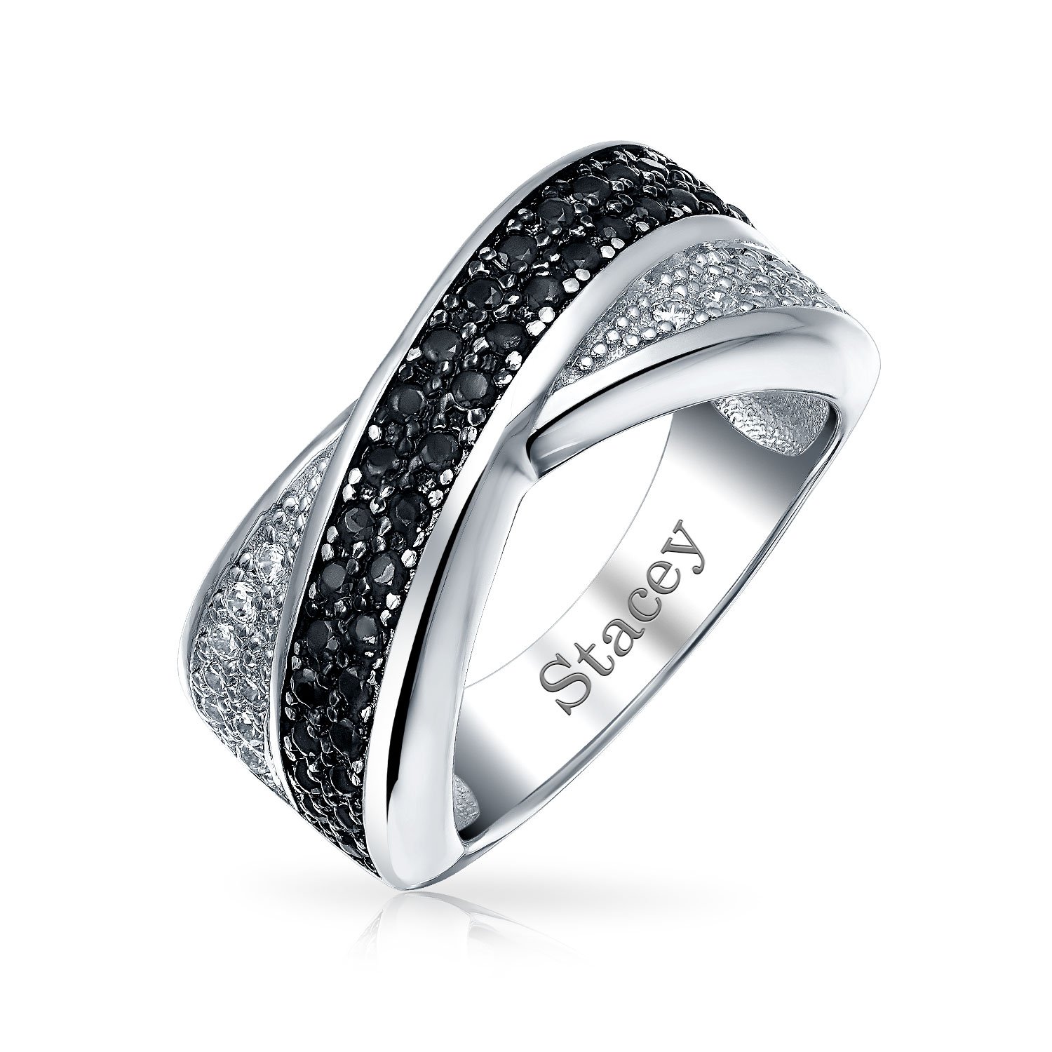 Bling Jewelry Two Tone Black And White Pave Cubic Zirconia CZ Criss-Cross X Band Ring For Women For Girlfriend .925 Sterling Silver