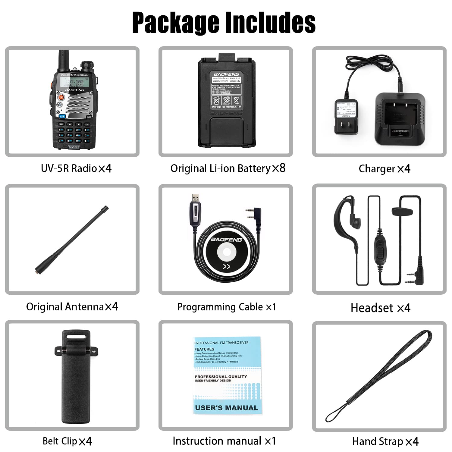 BAOFENG UV-5R Ham Radio Long Range, Dual Band 2 Way Radio, Rechargeable Baofeng Handheld Radio with Extra Battery and Charger, Programmable Two Way Radios with Programming Cable and Earpiece(4 Pack)