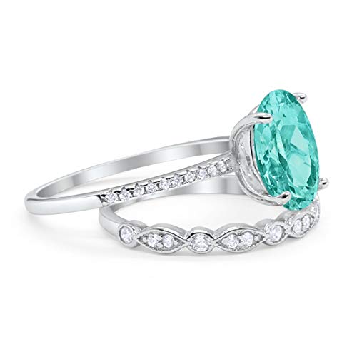 Blue Apple Co. Simulated Paraiba Tourmaline CZ Size-6 Two Piece Oval Wedding Engagement Bridal Set Ring Band Round Simulated Cubic Zirconia 925 Sterling Silver