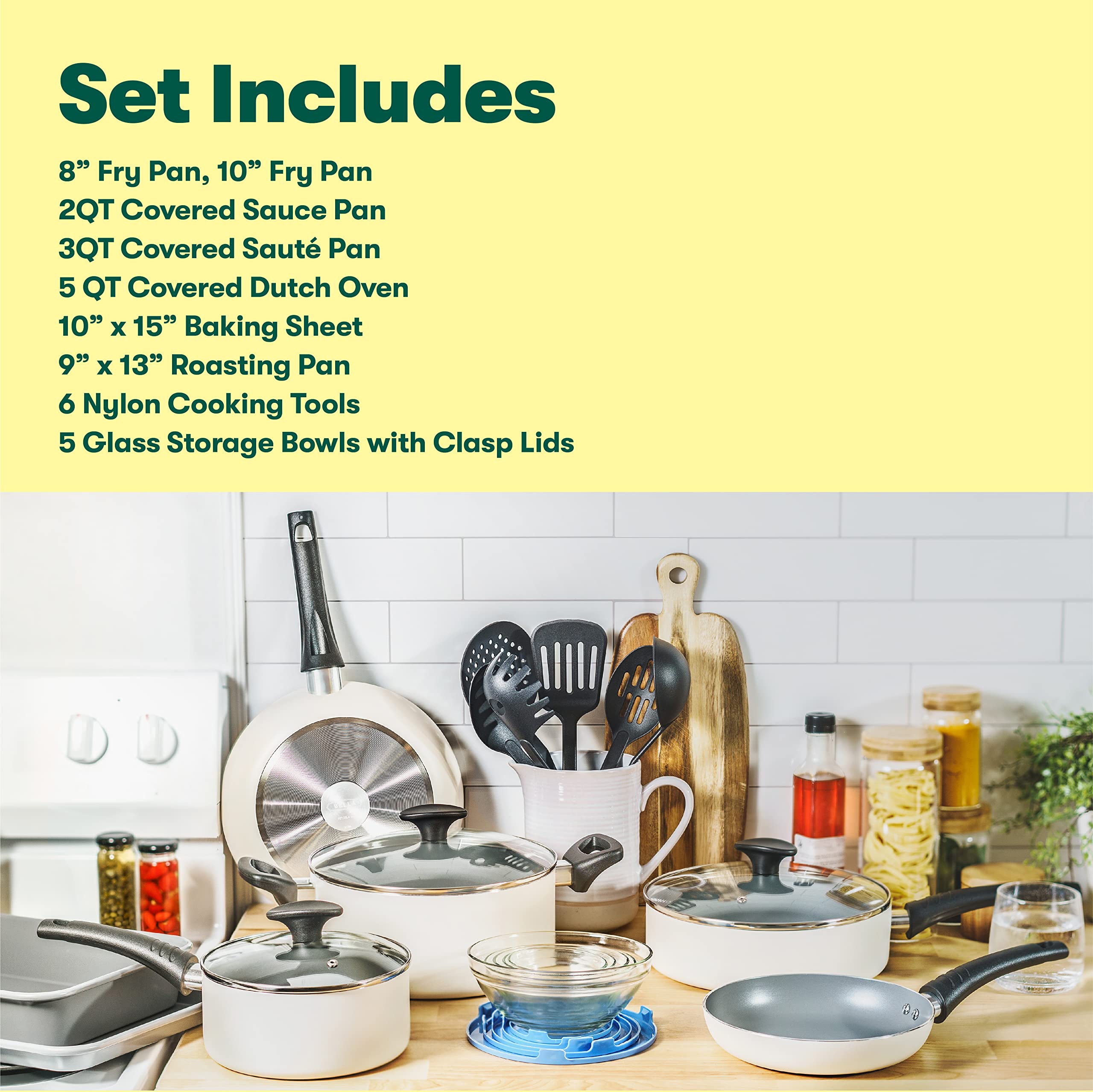 BELLA Nonstick Cookware Set with Glass Lids - Aluminum Bakeware, Pots and Pans, Storage Bowls & Utensils, Compatible with All Stovetops, 21 Piece, White