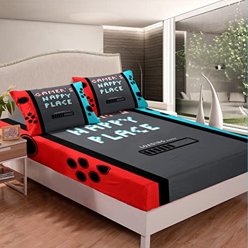Gamer Sheet Set King Size Video Game Gamepad Bed Sheets Set Bedroom Novelty Modern Game Controller Decor Sheets with Deep Pocket Fitted Sheet Women Men Game Room Decor Bedding Set With 2 Pillow Case