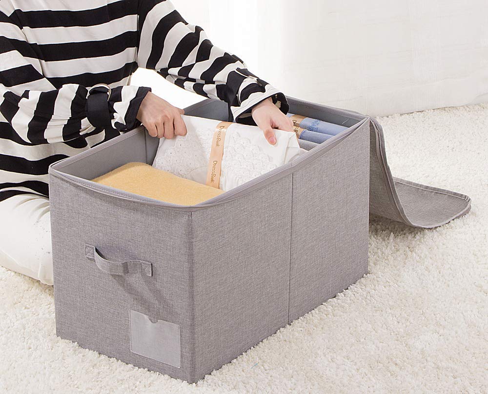 Pack of 2, Folding Clothing Wardrobe Storage Bins with Dust proof Lid, Large Size Storage Baskets for Bedroom Closet, Wardrobe Organizer, Such as Sweaters, Down Jackets, Blankets, Black Gray
