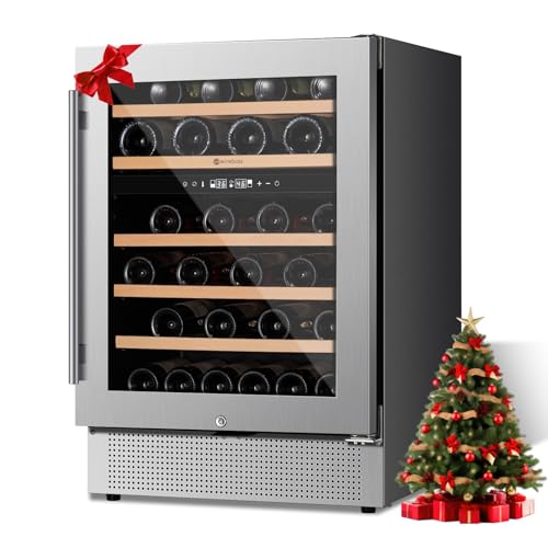 WINEBOSS 24Inch Wine Cooler Refrigerator, 46 Bottle Dual Zone Built-in Under Counter Freestanding Wine Fridge Cooler with Upgrade Compressor Tempered Glass Door Lock, Wine Cellar for Kitchen Bar