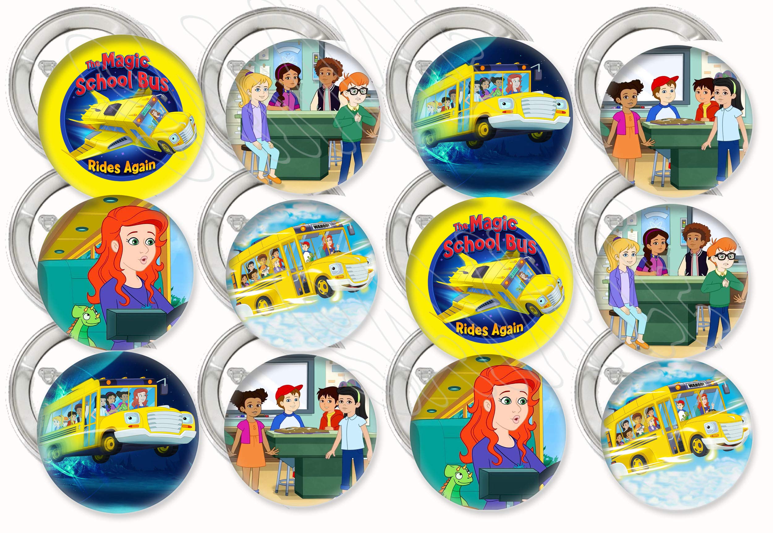 Magic School Bus Rides Again Buttons Party Favors Supplies Decorations Collectible Metal Pinback Buttons, Large 2.25” -12 pcs Ms. Fiona Frizzle Keesha Dorothy Ann Wanda Jyoti Carlos Ralph