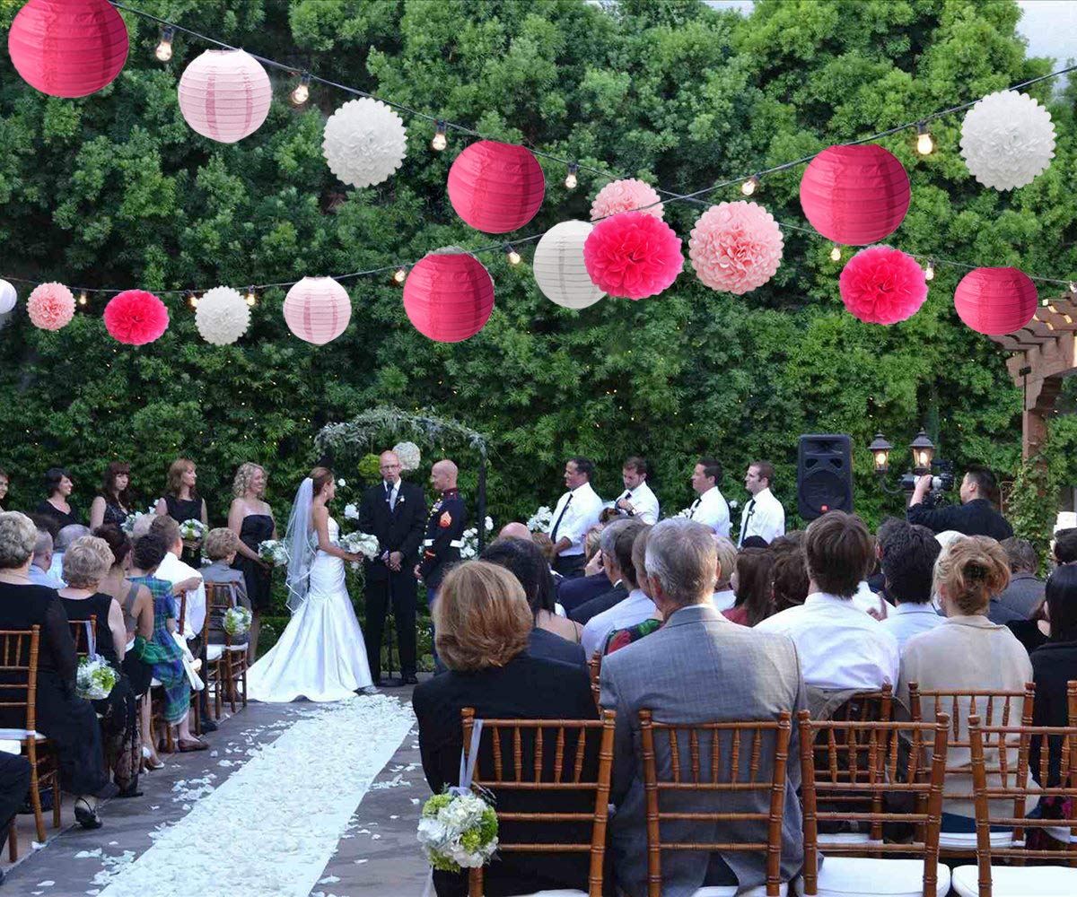 Celehappy Hanging Party Decorations Pom Tissue Paper Lantern for Weddings, Birthdays, Parties and Events Decorations, Hanging Paper Lantern Paper Tissue Flowers 10" 8" Set - Pink/White/Rose