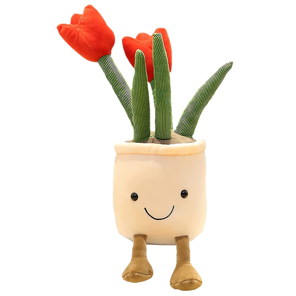AUCOOMA Stuffed Tulip Plush Toy, Red Flower Pot Stuffed Plants Plushie Pillow Doll 13.8"